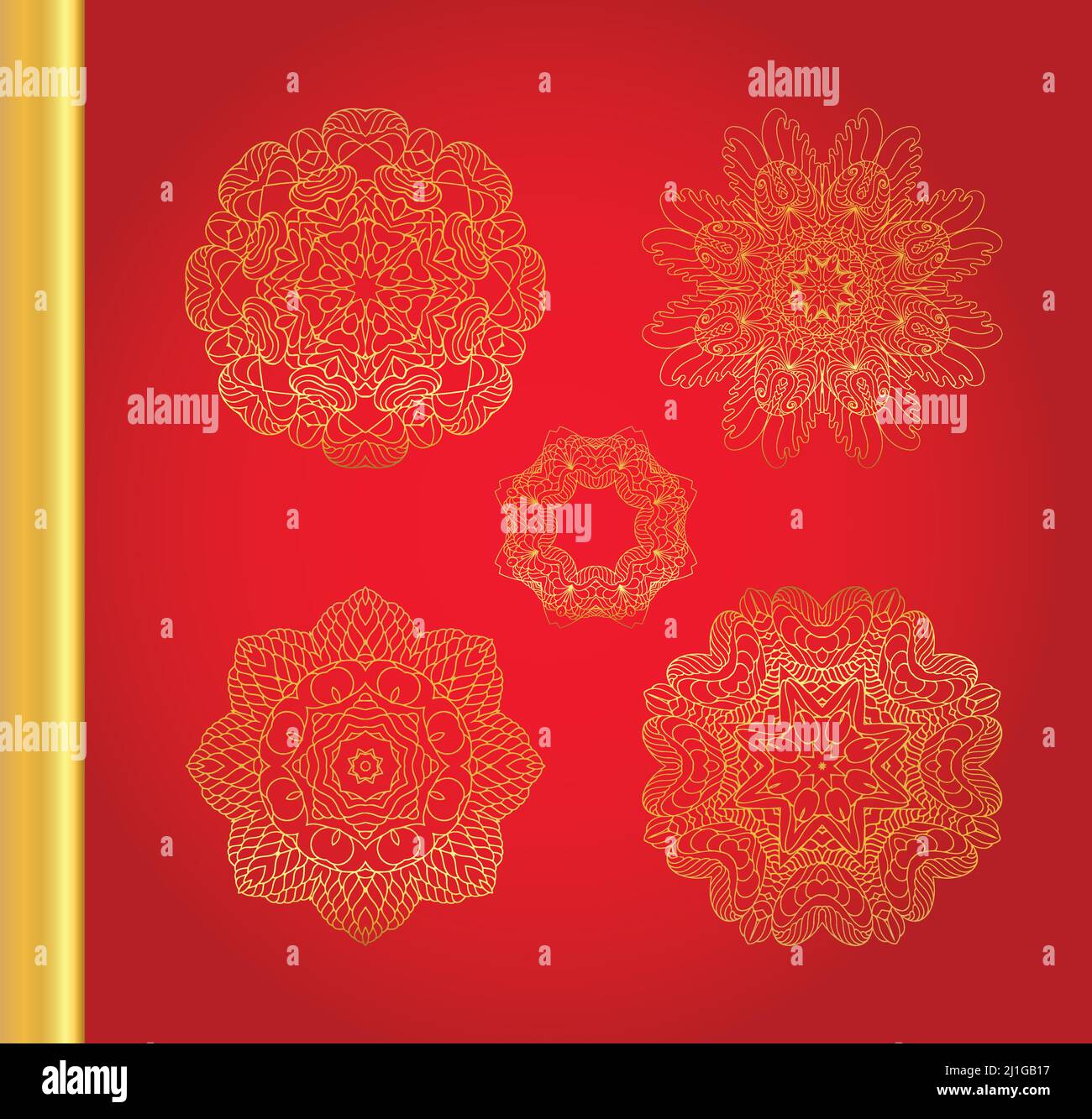 Golden vector traditional snowflakes on red background Stock Vector ...
