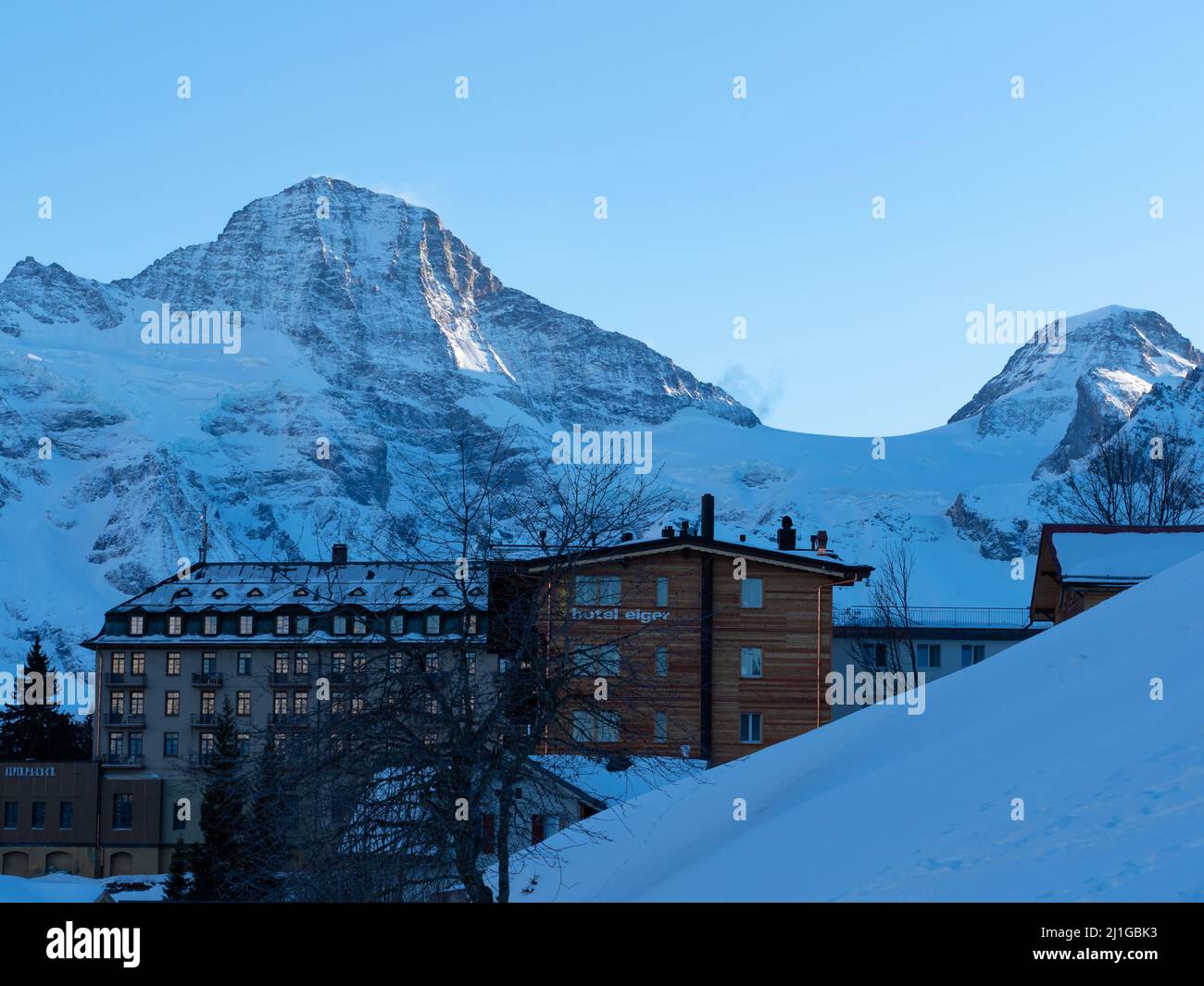 Mürren, Switzerland - February 26th 2022: View over the famous historic ...