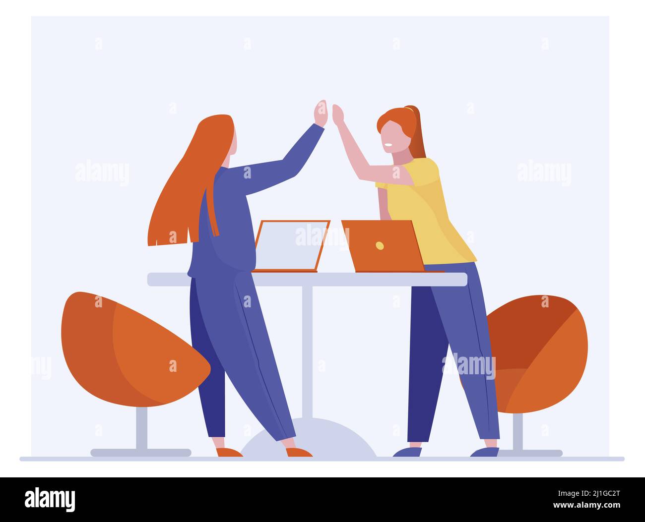 Business colleagues celebrating success. Women with laptops giving high ...