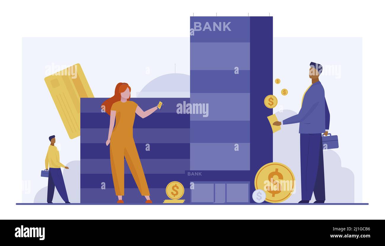 Customers with money standing near bank building. Clients, dollar coins ...