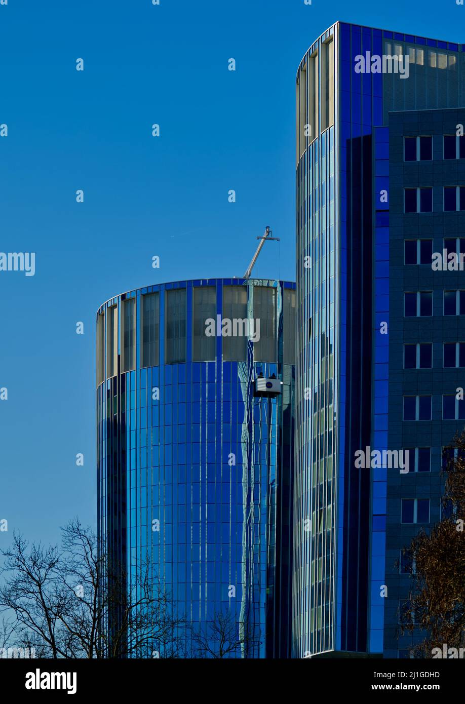 blue colored skyscraper "City tower" at Offenbach am Main, Hesse ...
