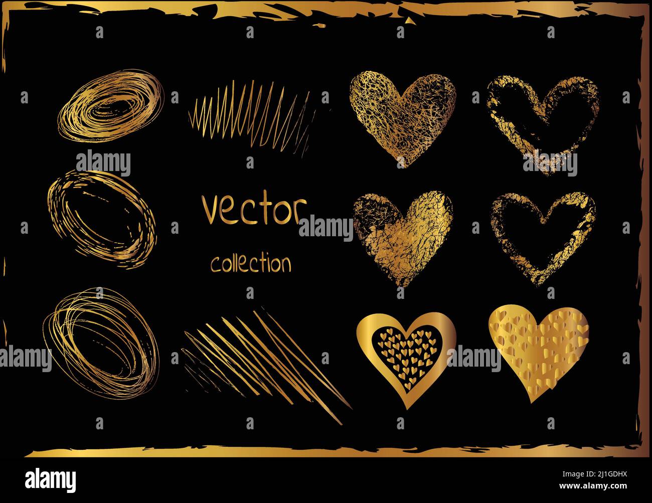 Gold vector hearts. Vector set of golden hearts. Gold shapes on a black ...
