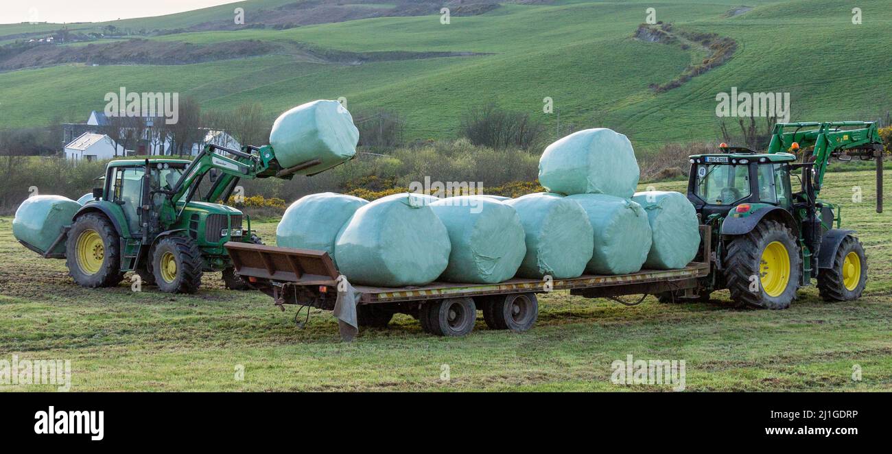 Tractor loading silage bales onto trailer in Irish Countryside Stock ...
