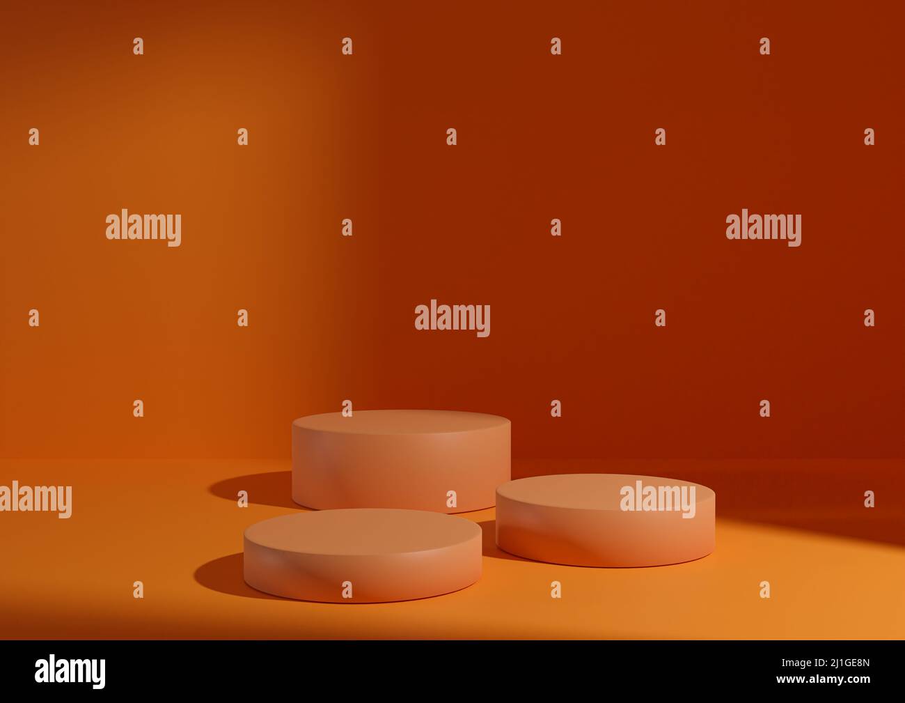 Three bright orange podiums or stands on background for product display ...