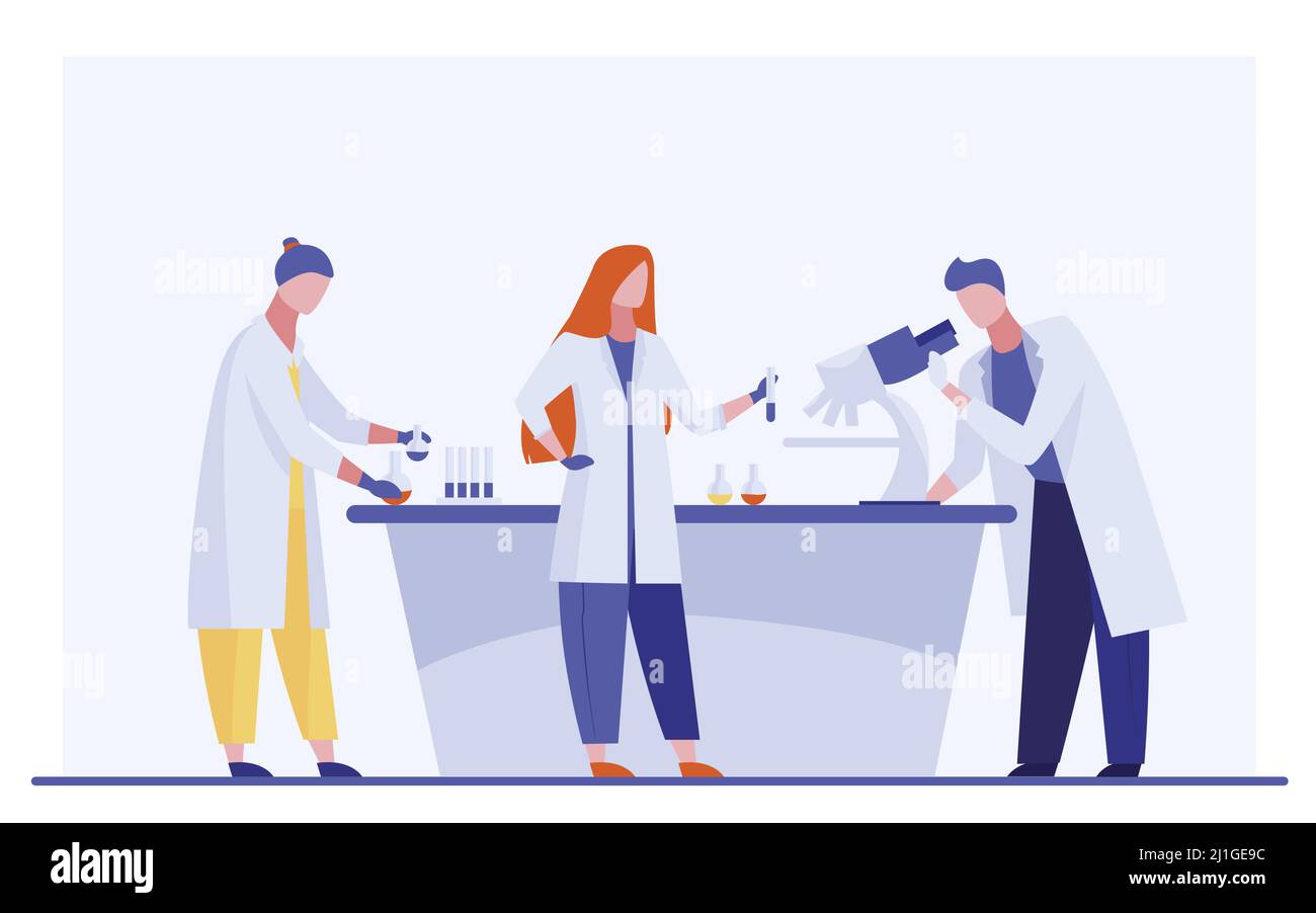 Lab assistants doing research. People in white coats using microscope ...