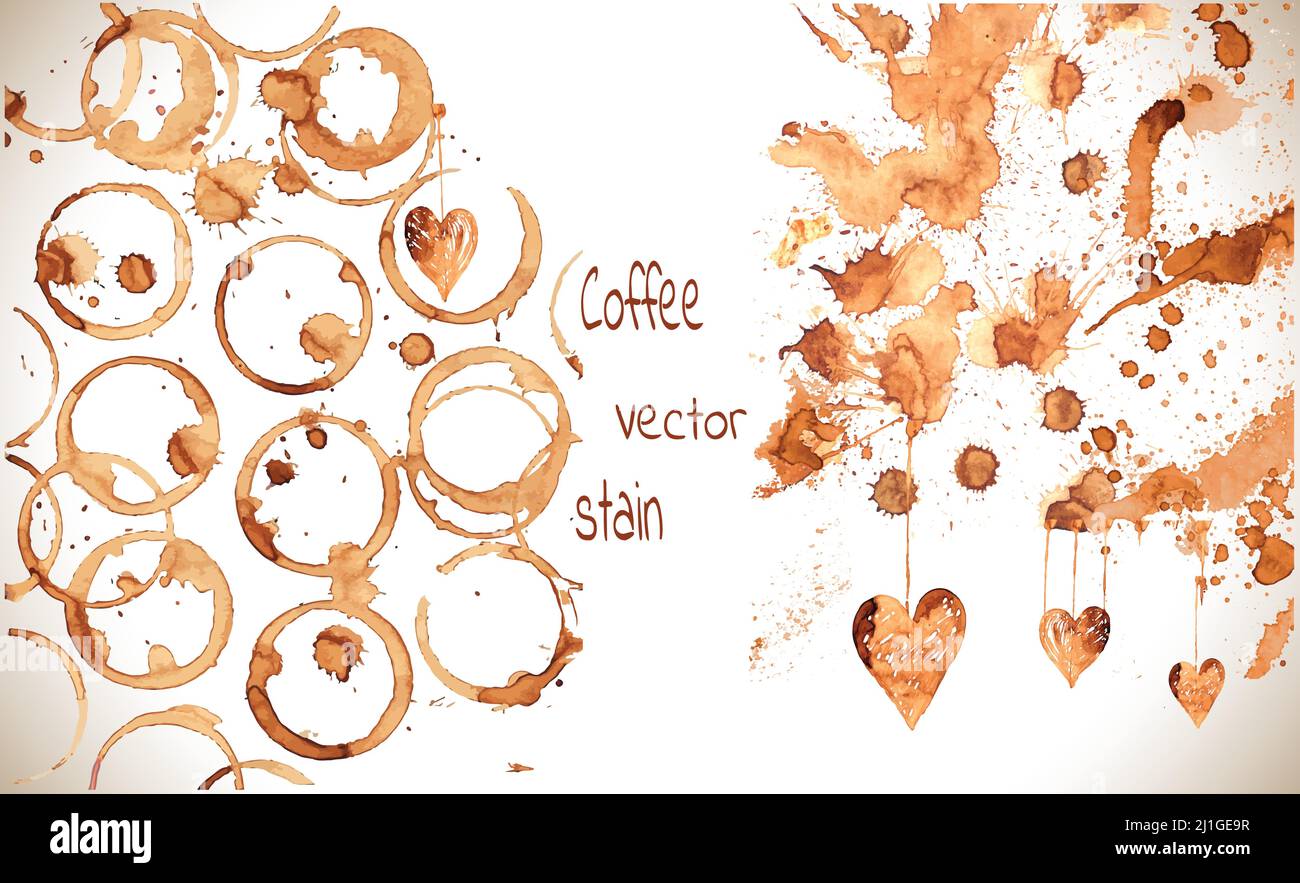 Coffee paint stains, splashes and harts isolated on white background ...