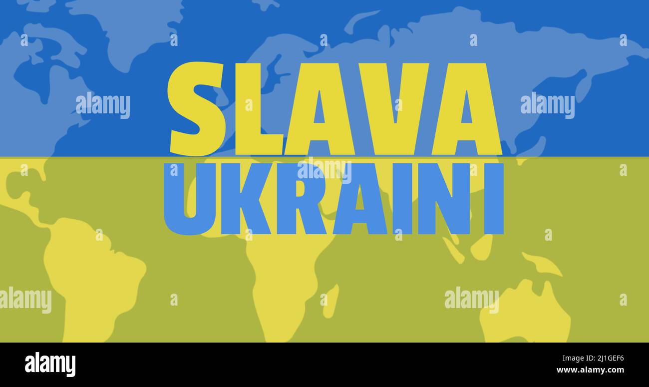Image of slava ukraini text over world map and ukraine flag Stock Photo ...