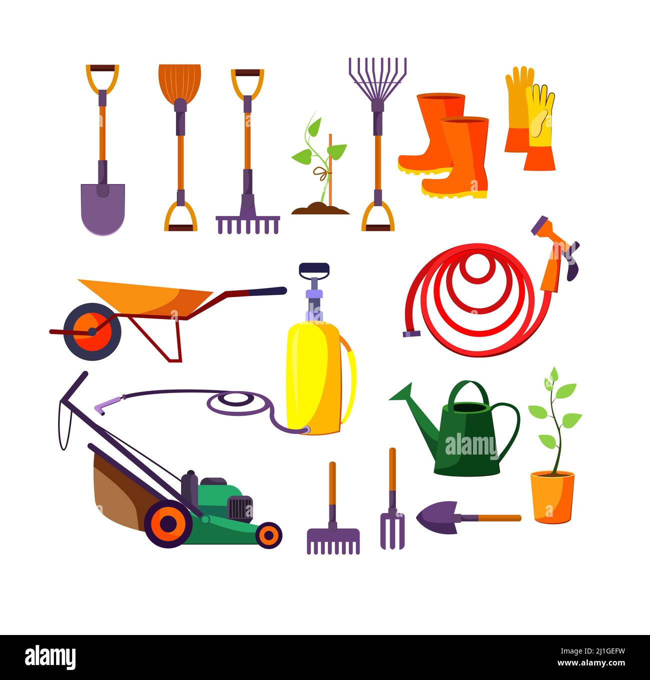 Gardening tools illustration set. Spade, rake, hose, cart. Gardening ...