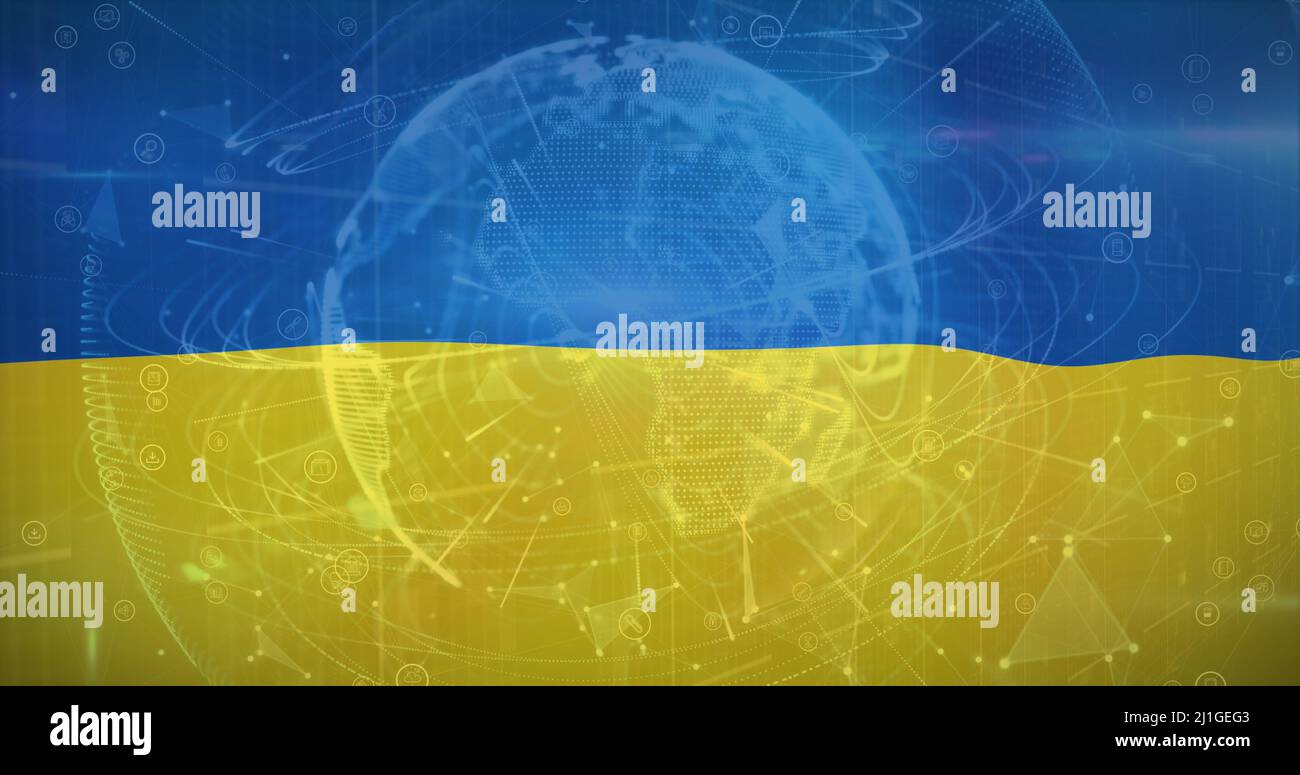 Image of globe and connections over flag of ukraine Stock Photo - Alamy