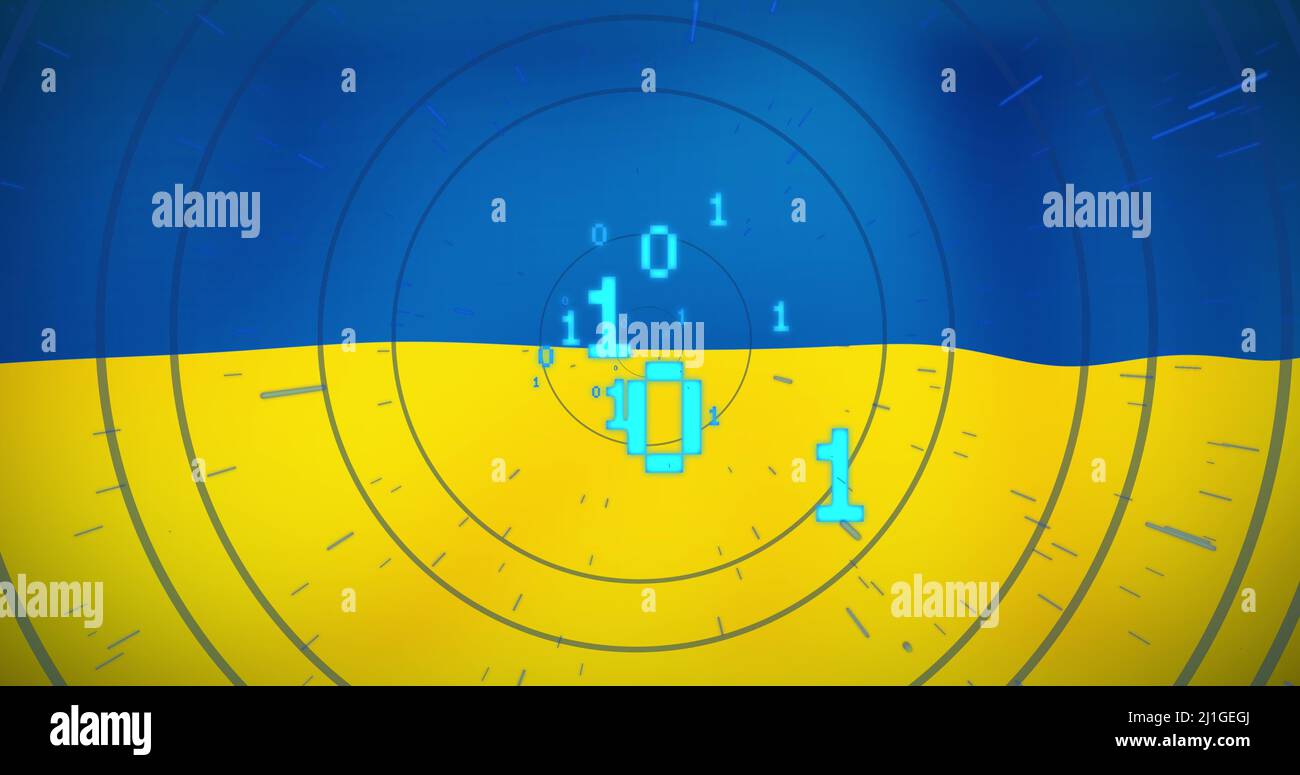 Image of circles and binary code over flag of ukraine Stock Photo - Alamy