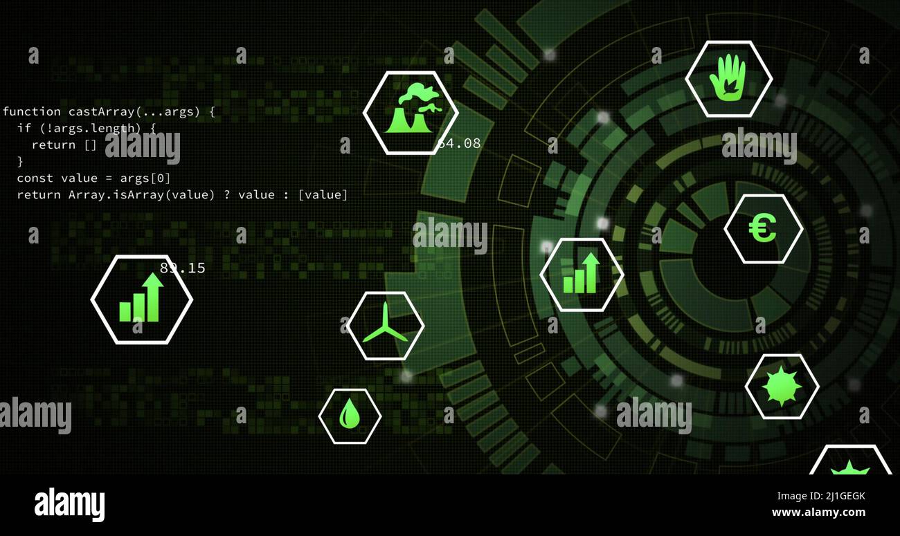 Image of data processing and eco digital icons over scope spinning ...