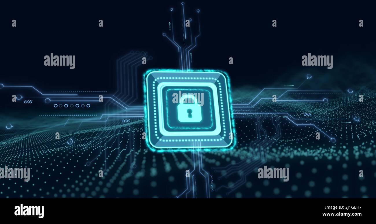 Image of online security padlock over mesh and computer circuit board ...