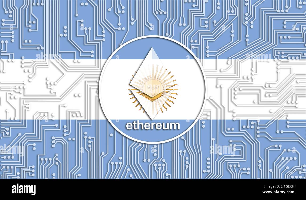 flag of Argentina and ethereum coin, Integrated Circuit Board pattern ...