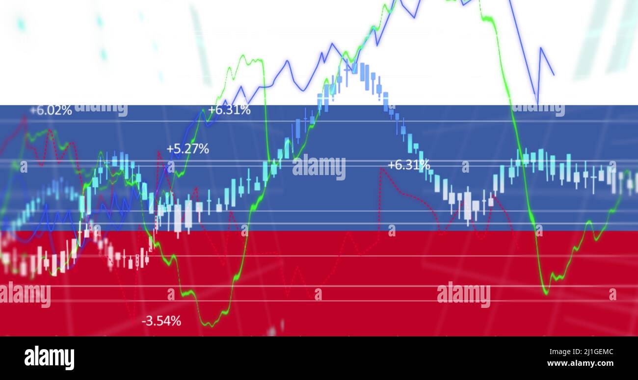 Image of arrows, graphs and financial data over flag of russia Stock ...