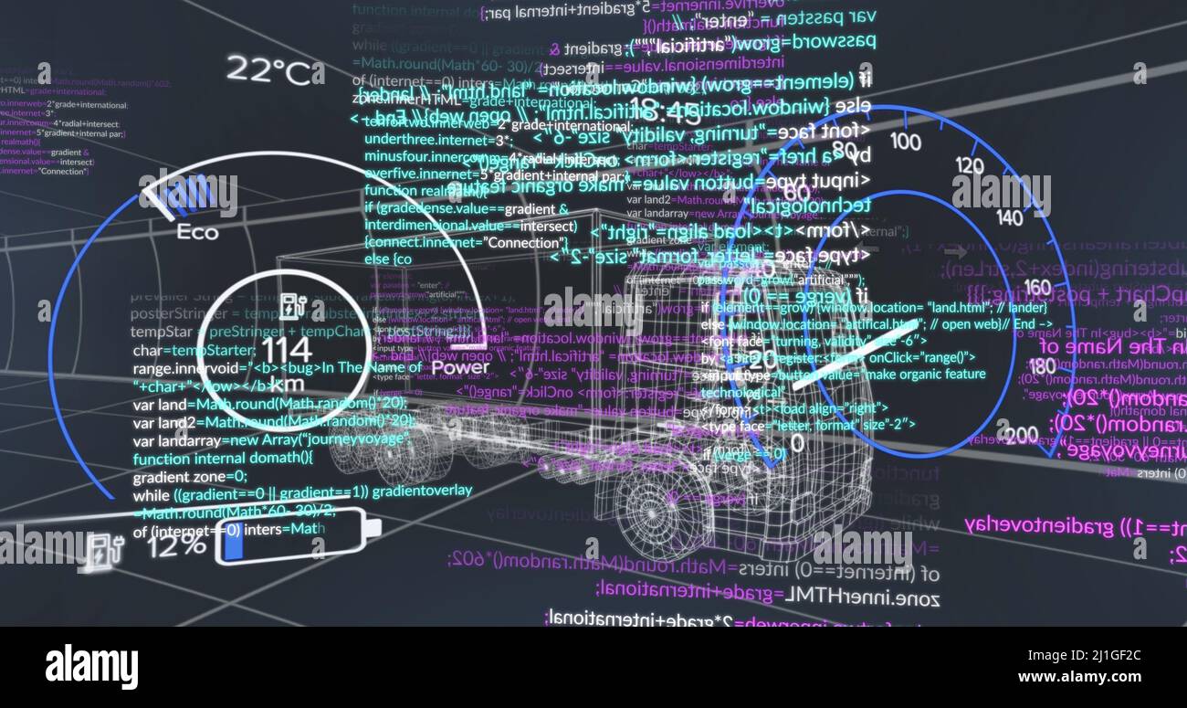 Image of data processing and car panel with lorry on black background ...