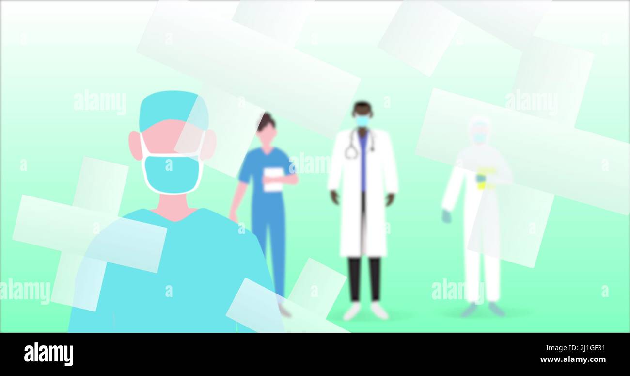 Image of diverse doctors icons over cross icons Stock Photo - Alamy