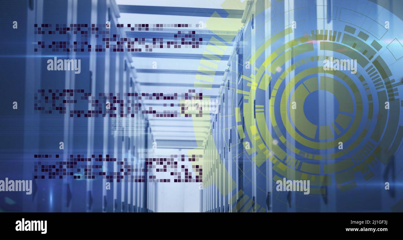Image of data processing and scope scanning over server room Stock ...