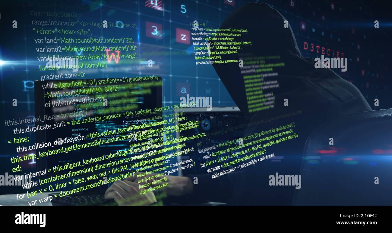 Image of data processing and hacker on black background Stock Photo - Alamy