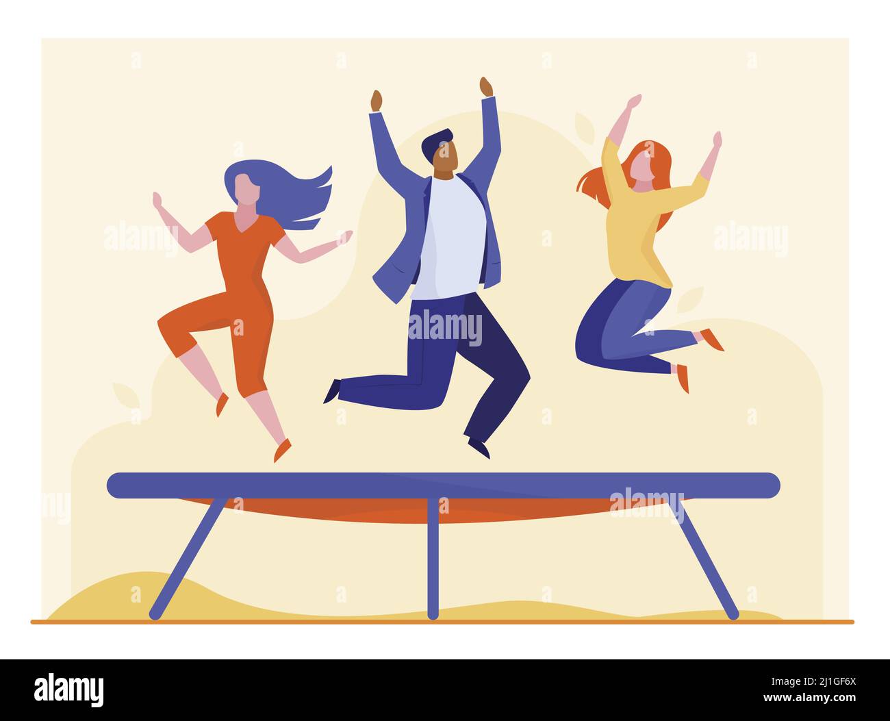 People jumping on trampoline. Friends enjoying activity, having fun ...