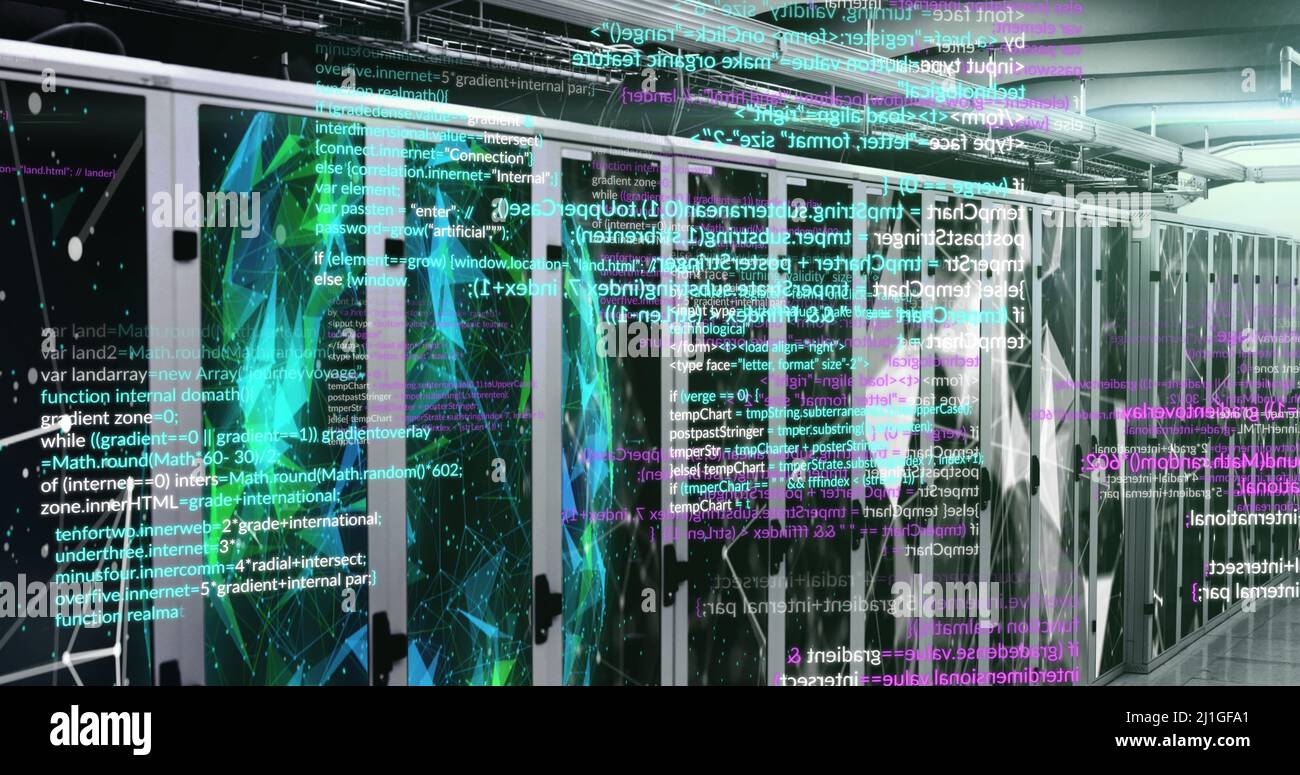 Image of data processing and shapes over server room Stock Photo - Alamy