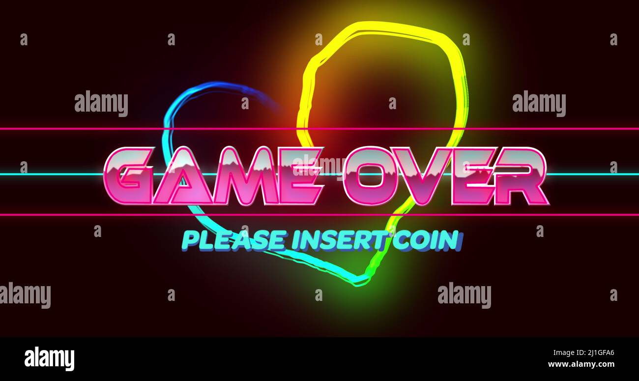 Image of game over please insert coin, heart and lines on black ...