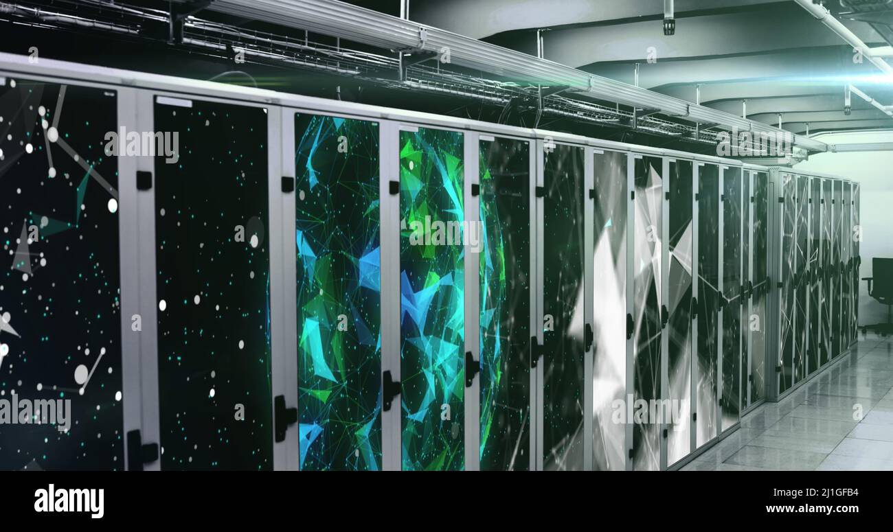 Image of data processing and shapes over server room Stock Photo - Alamy