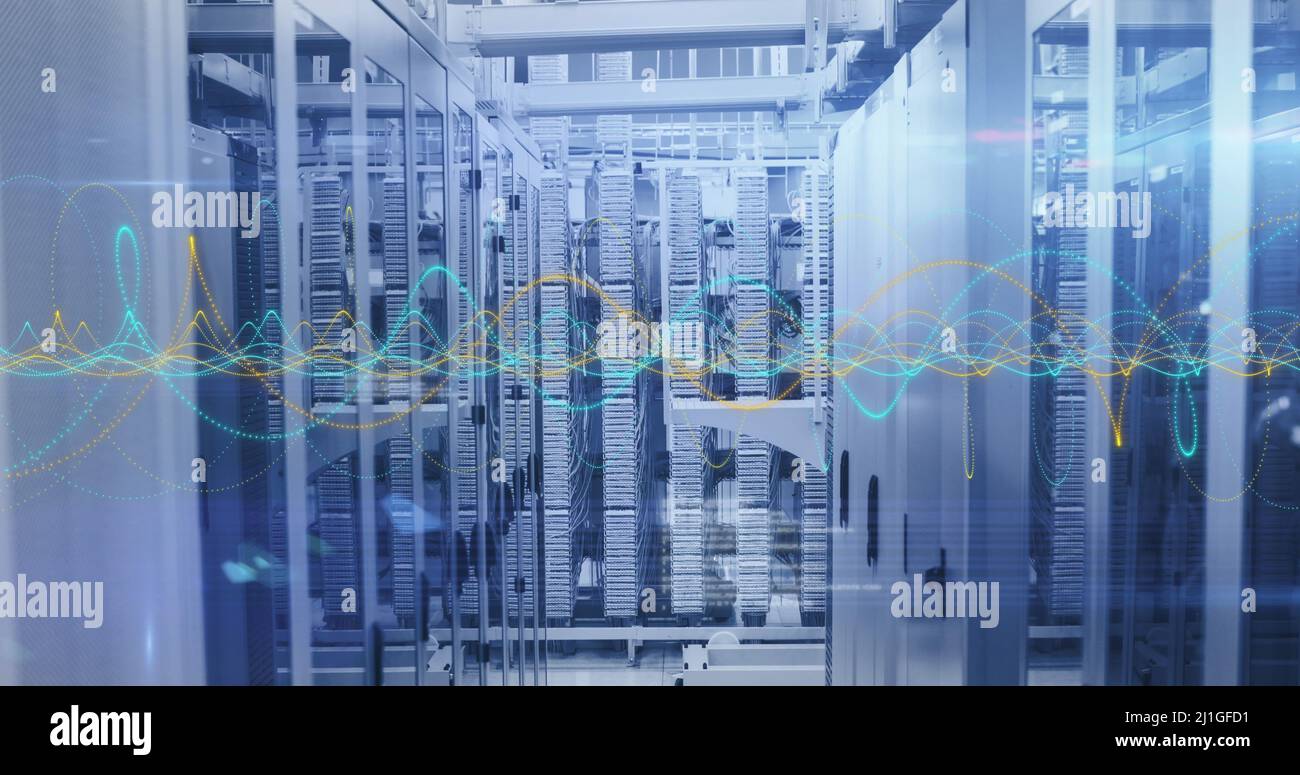 Image of shapes and data processing over server room Stock Photo - Alamy