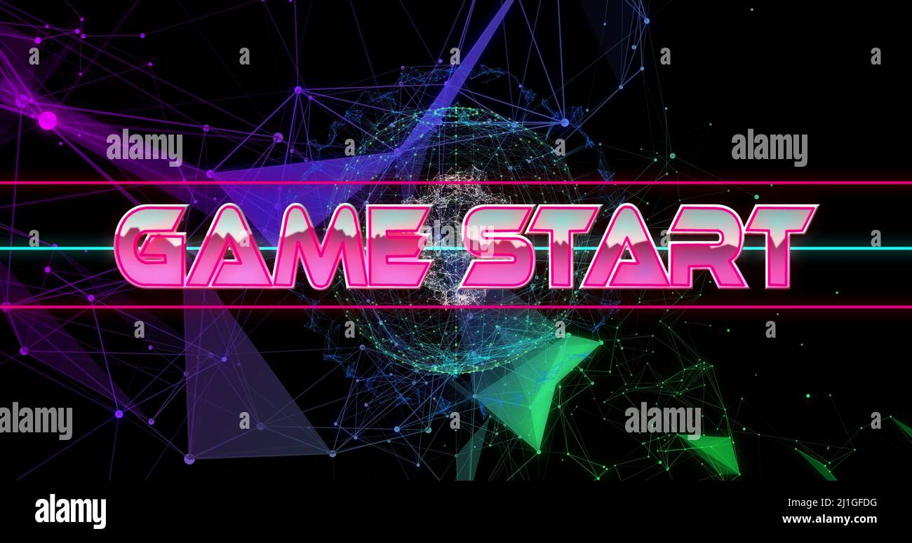 Image of game start over globe with connections and shapes on black ...