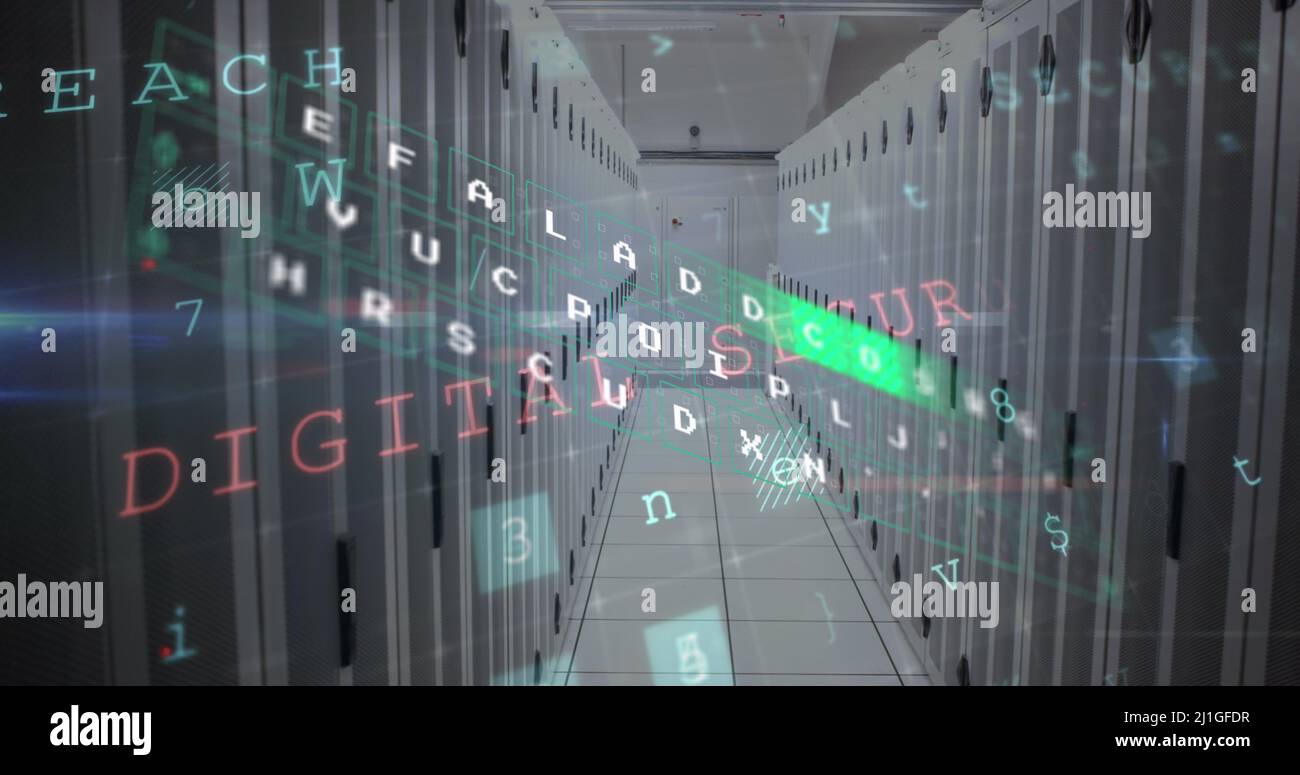 Image of data processing and keyboard over server room Stock Photo - Alamy