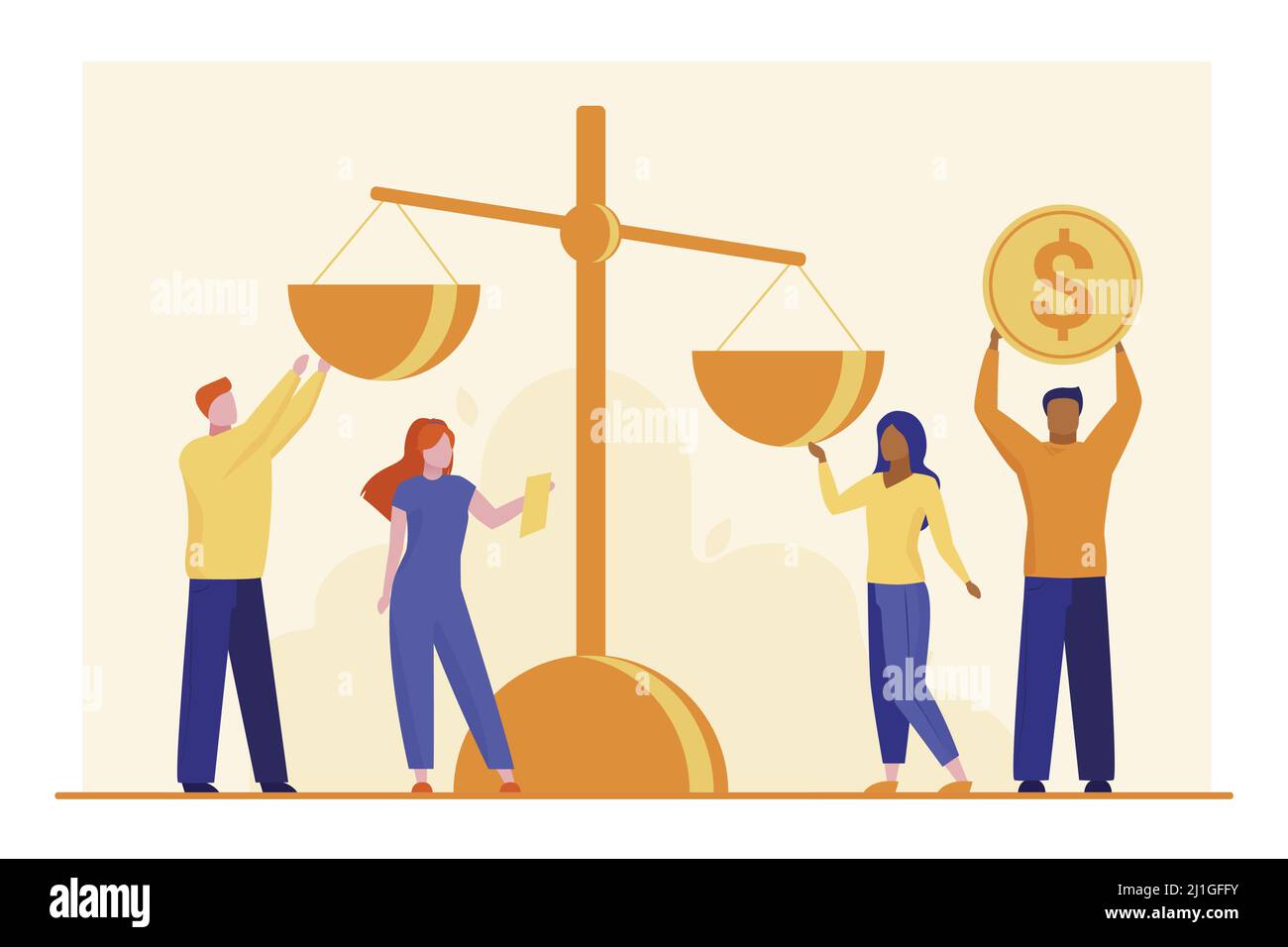 People putting money on scale. Couples, investors, currency rate flat ...