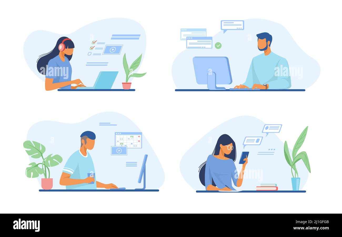 People using online apps set. Professionals using computers and ...