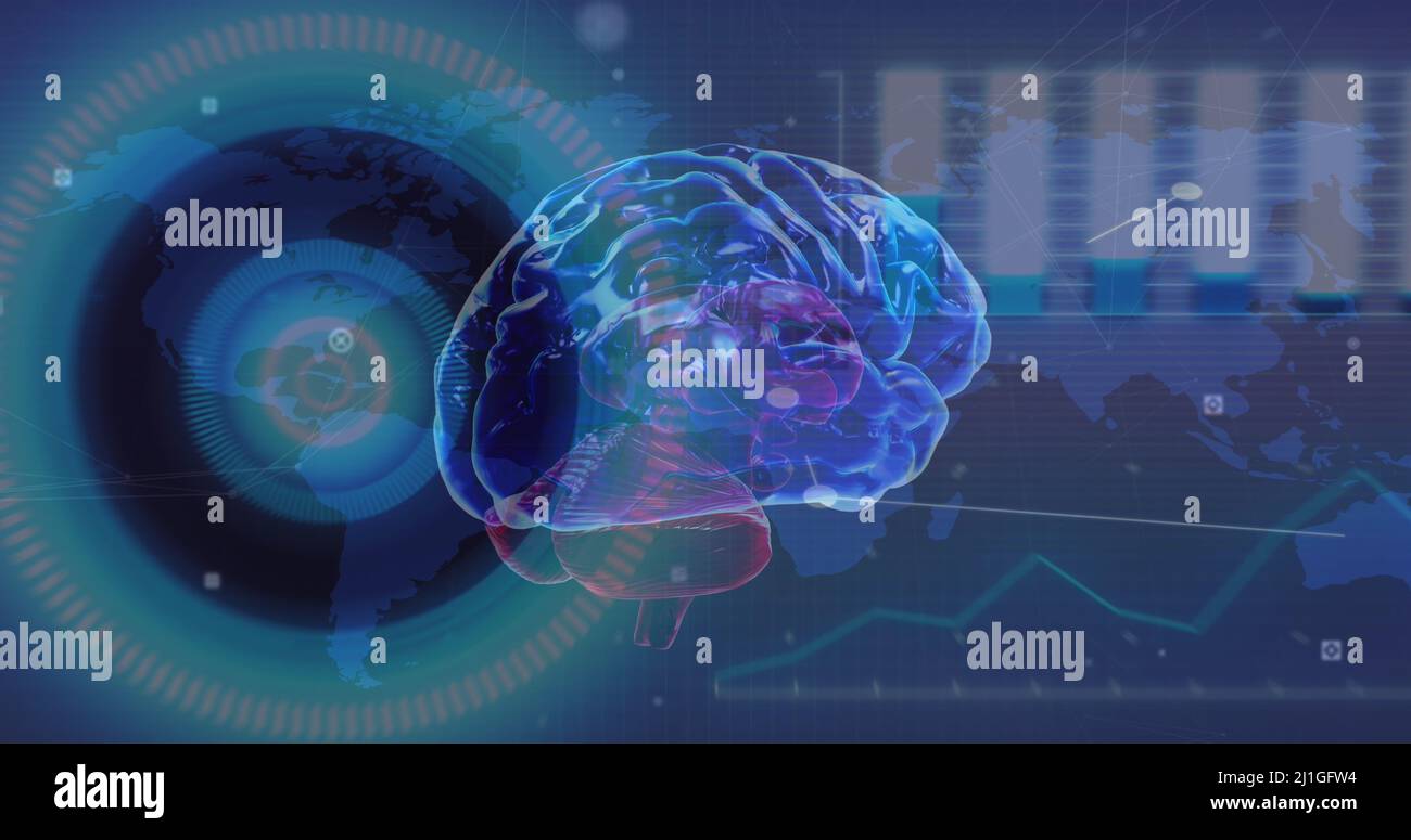 Image of human brain, data processing over world map Stock Photo - Alamy