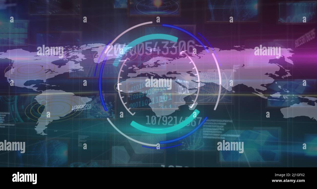 Image of scope scanning and numbers processing over world map Stock Photo - Alamy