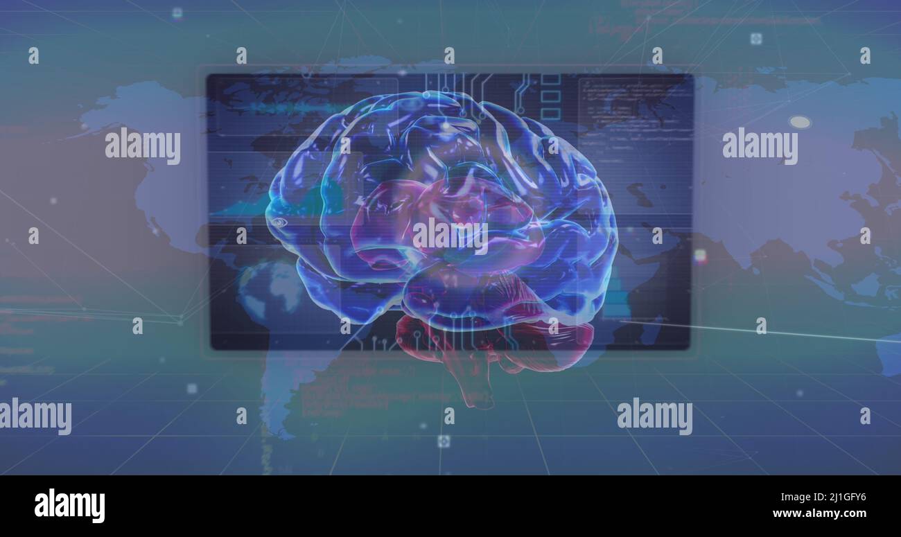 Image of human brain, data processing over world map Stock Photo - Alamy