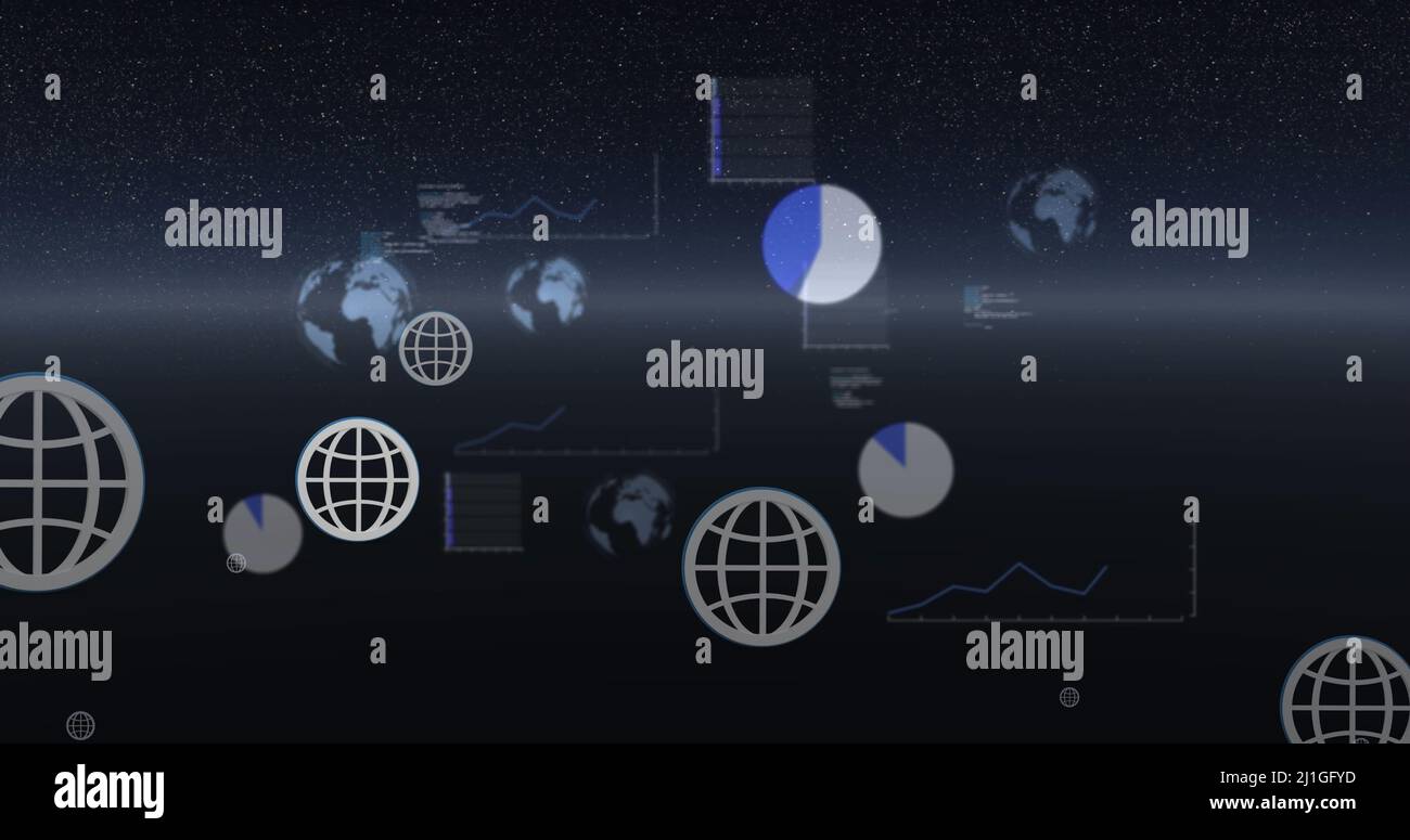 Image of statistics and data processing with globes Stock Photo - Alamy