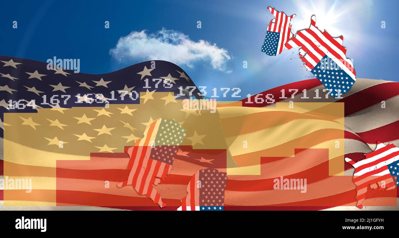 Image of statistics and numbers processing over flags of united states ...