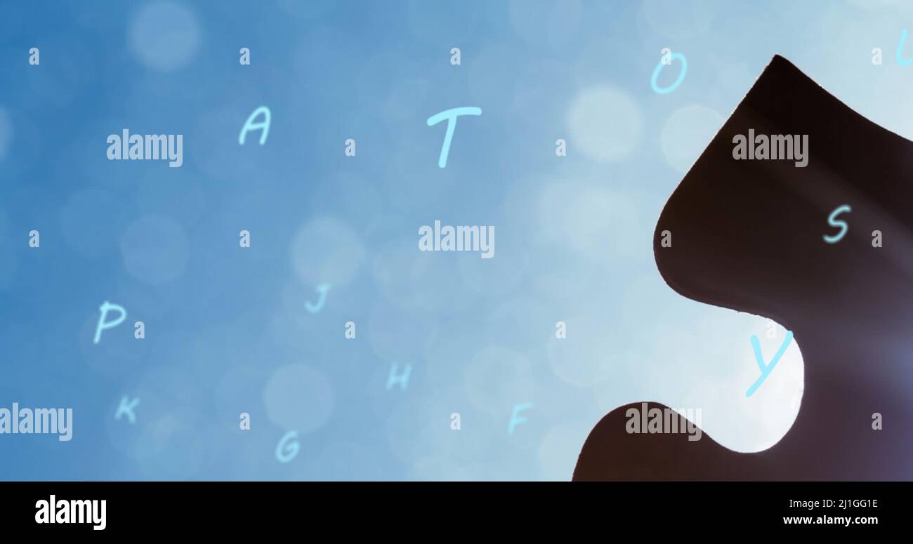 Image of puzzle pieces and letters falling over blue background Stock ...