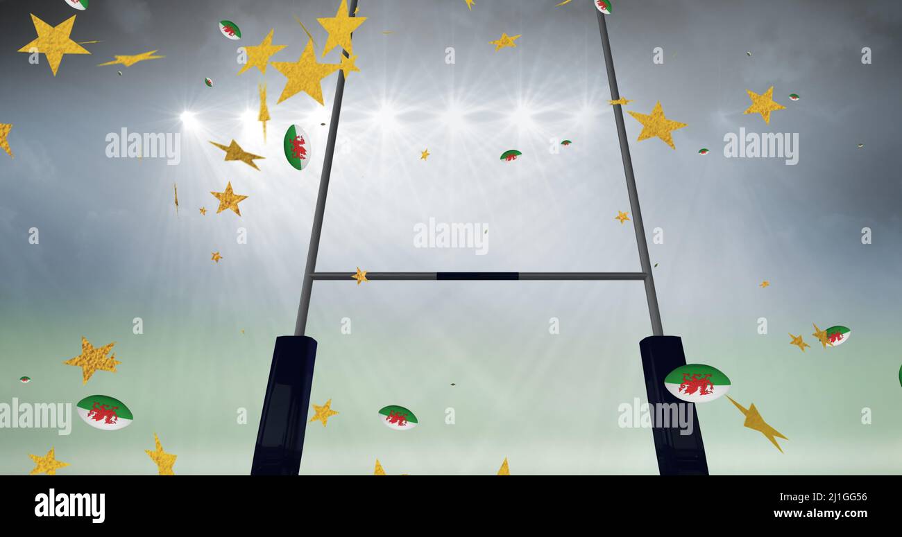 Image of stars over rugby balls coloured with wales flag falling at ...