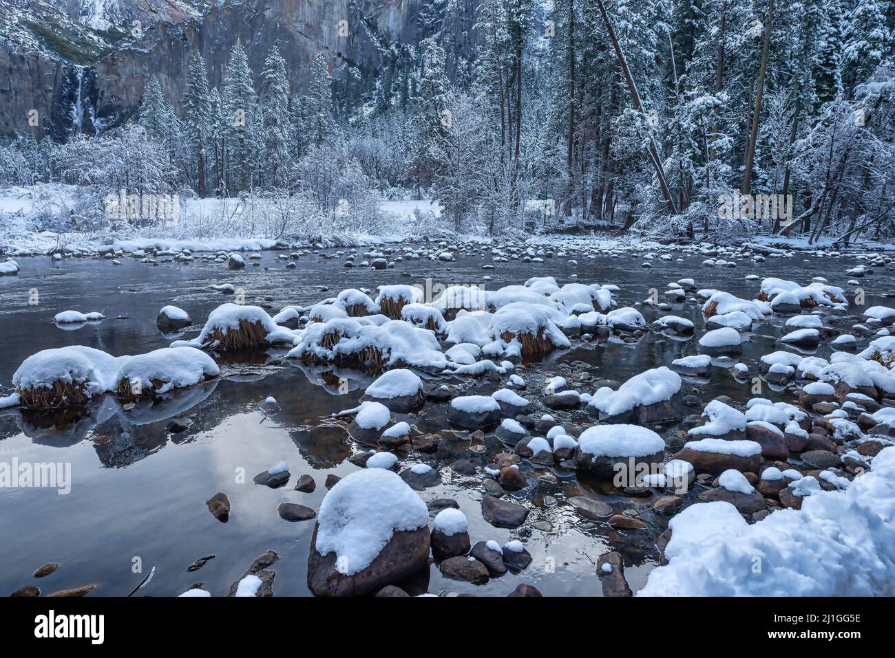 The Merced River right after a snow storm, Yosemite National Park Stock ...