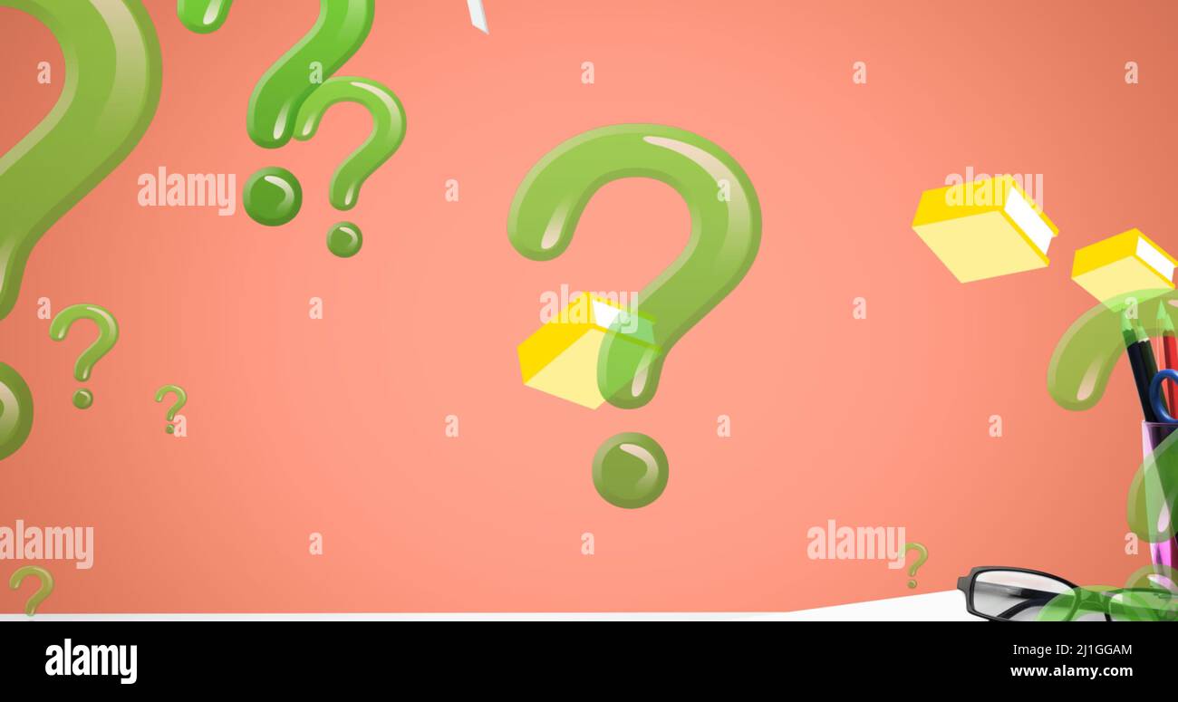 Image of question marks and book icons over school items Stock Photo ...