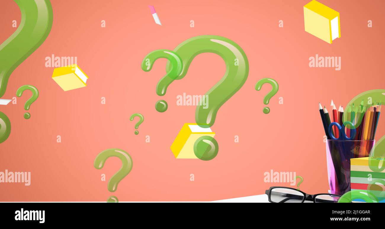 Image of question marks and book icons over school items Stock Photo ...