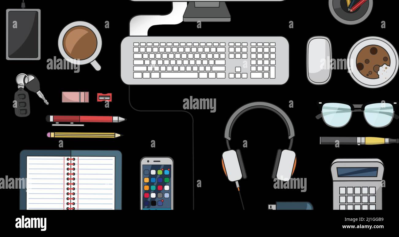 Image of social media text and icons with computer and office items on ...