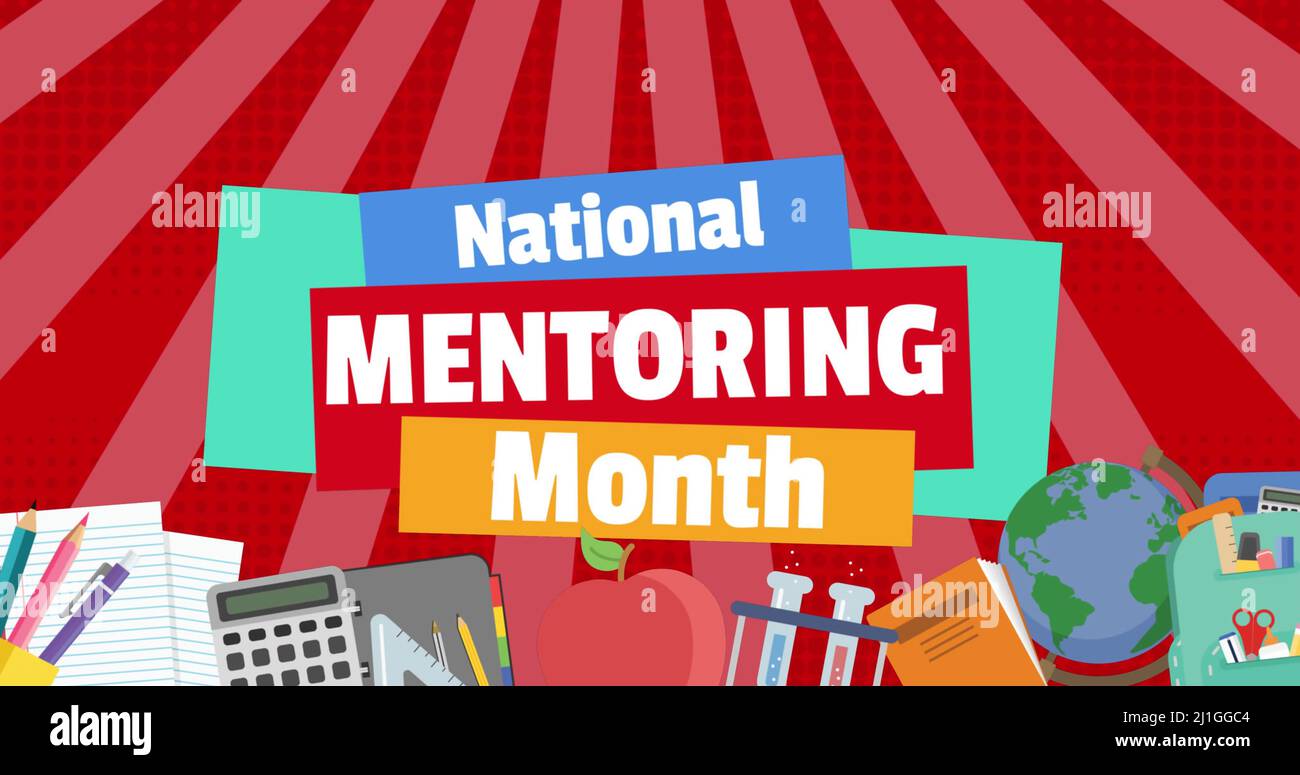 Image of national mentoring month day text over school icons and lines ...