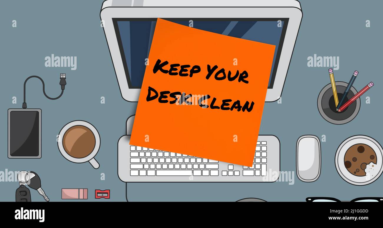 Image of keep your desk clean text on orange memo note over desk on ...
