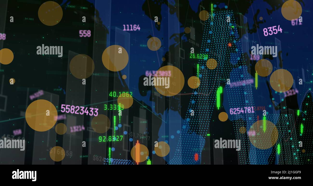 Image of data processing and spots on black background Stock Photo - Alamy