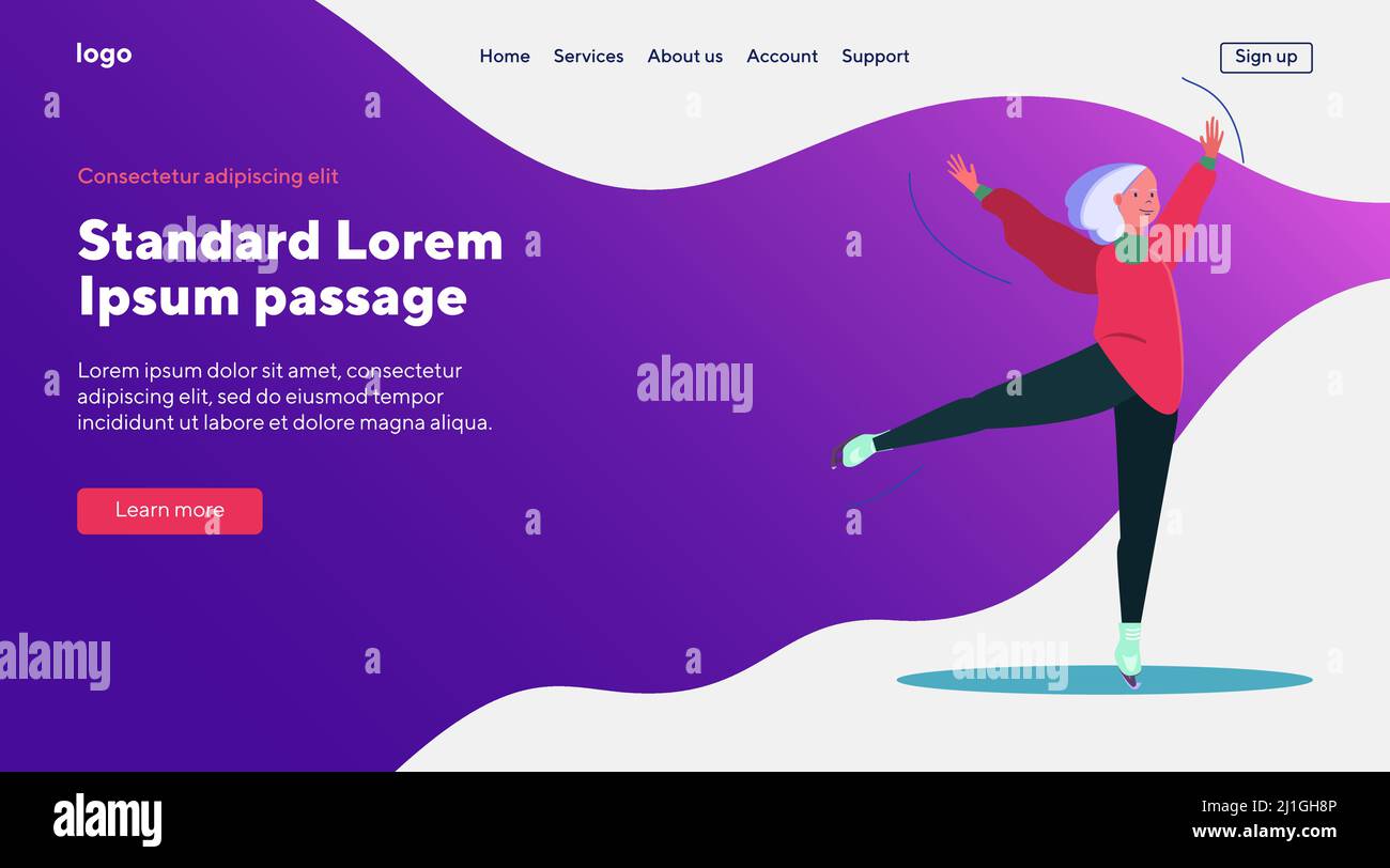 Figure ice skating. Grey haired woman skating, dancing on ice. Flat ...