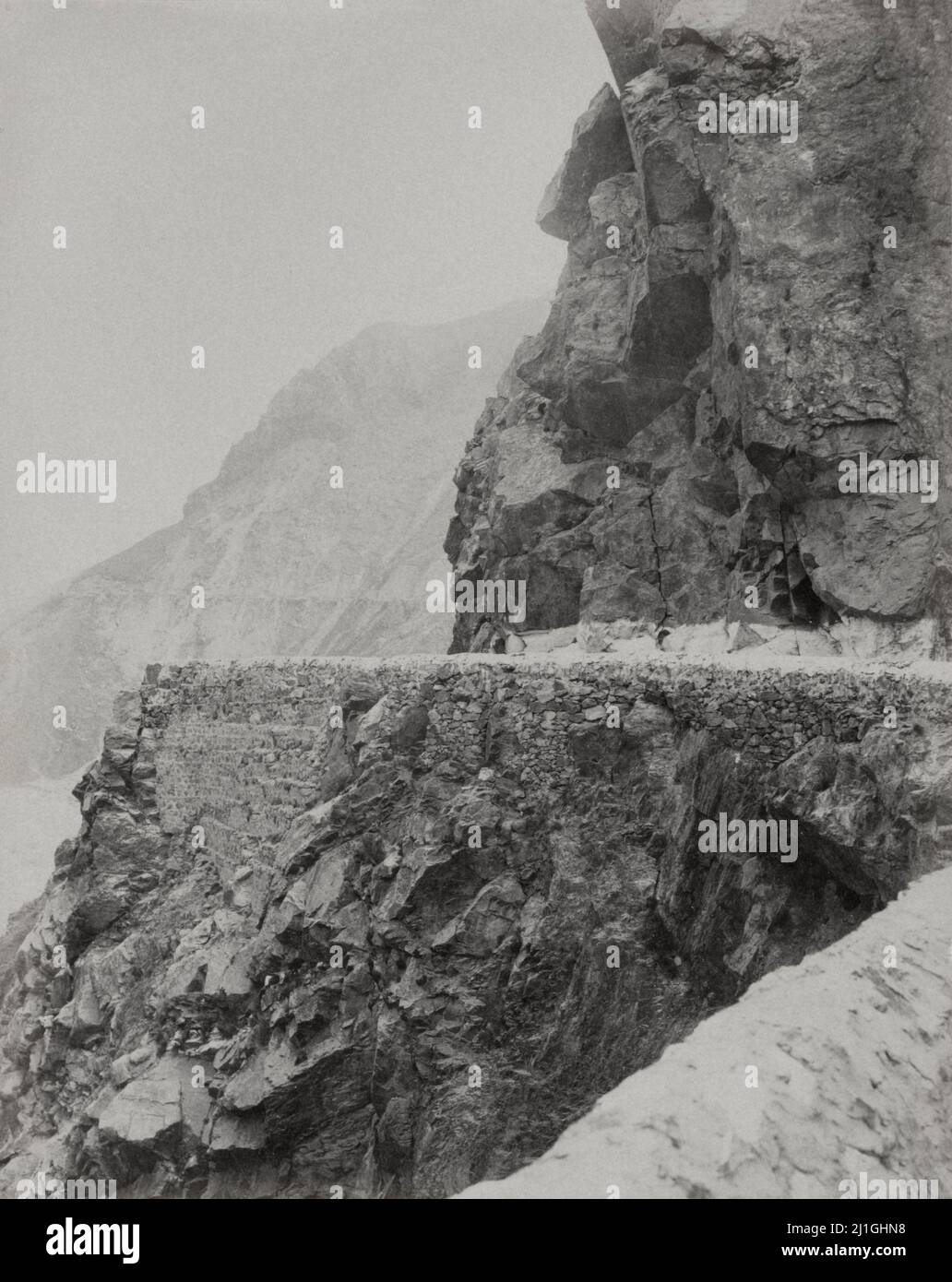 19th-century photo of Georgian military road. Daryal gorge near Kazbek ...