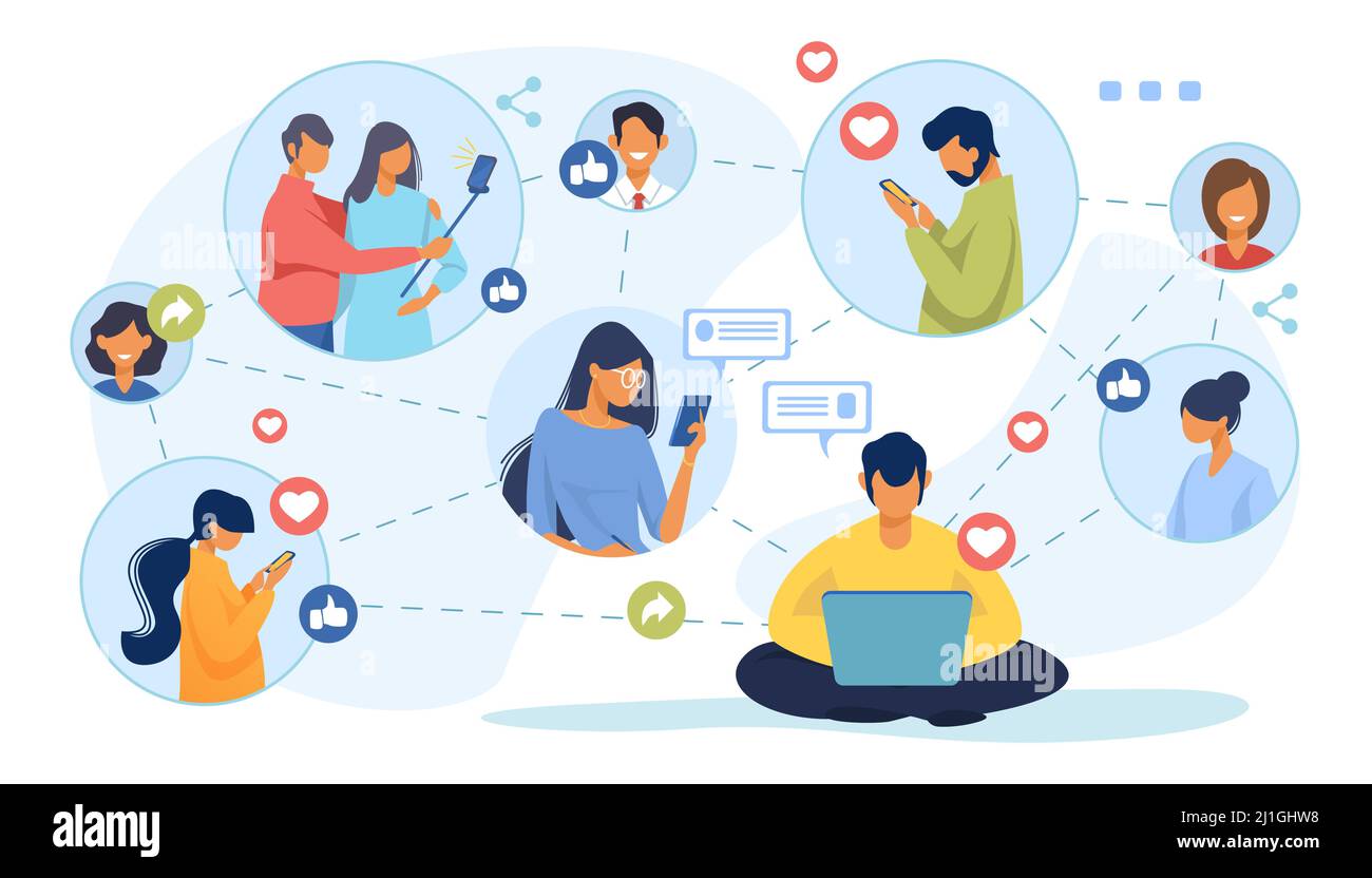 Social media network. Connected users taking pictures, posting ...