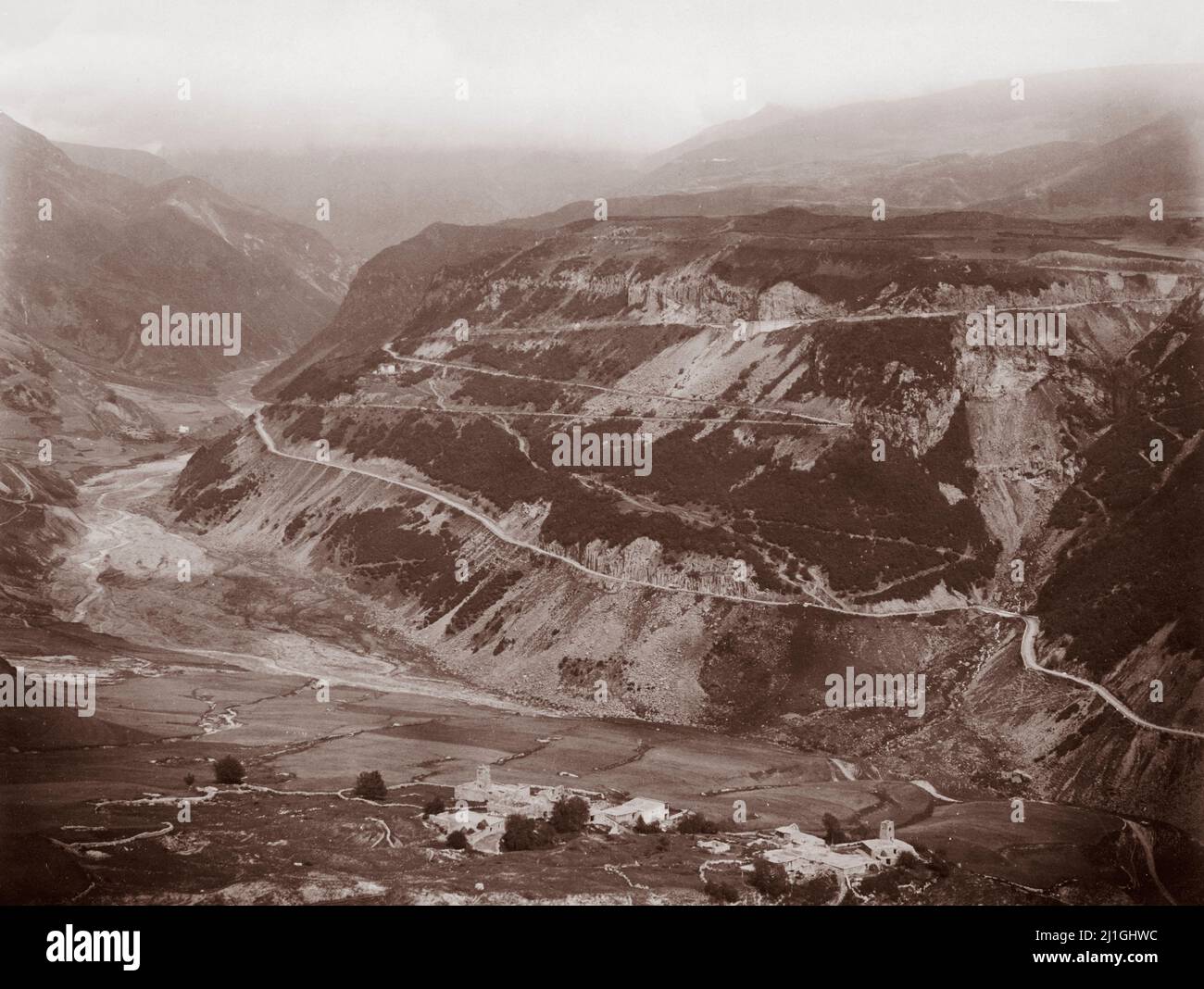 19th-century photo of Georgian military road. General view of the ...
