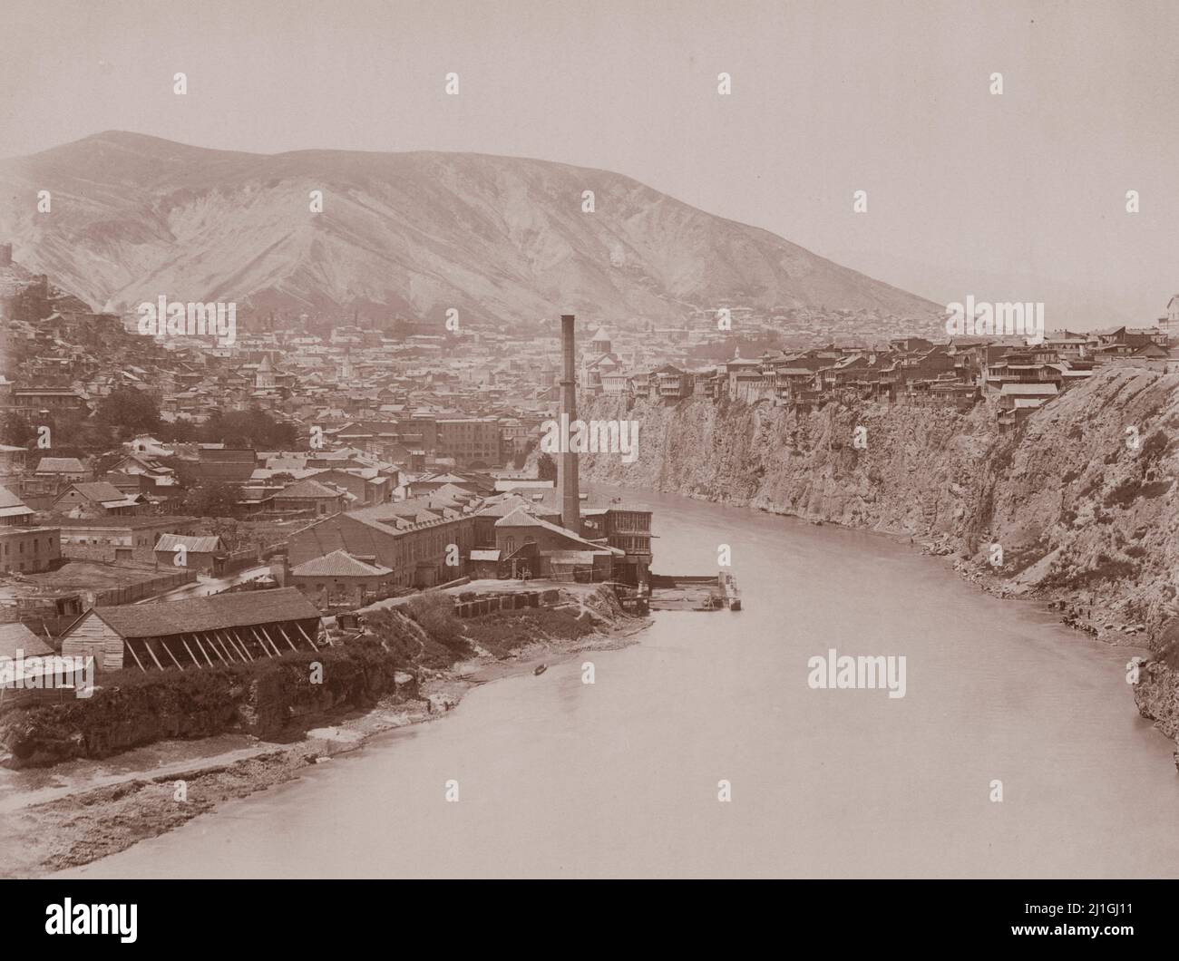 Vintage photo of view of the outskirts of Tiflis and the Kura river ...